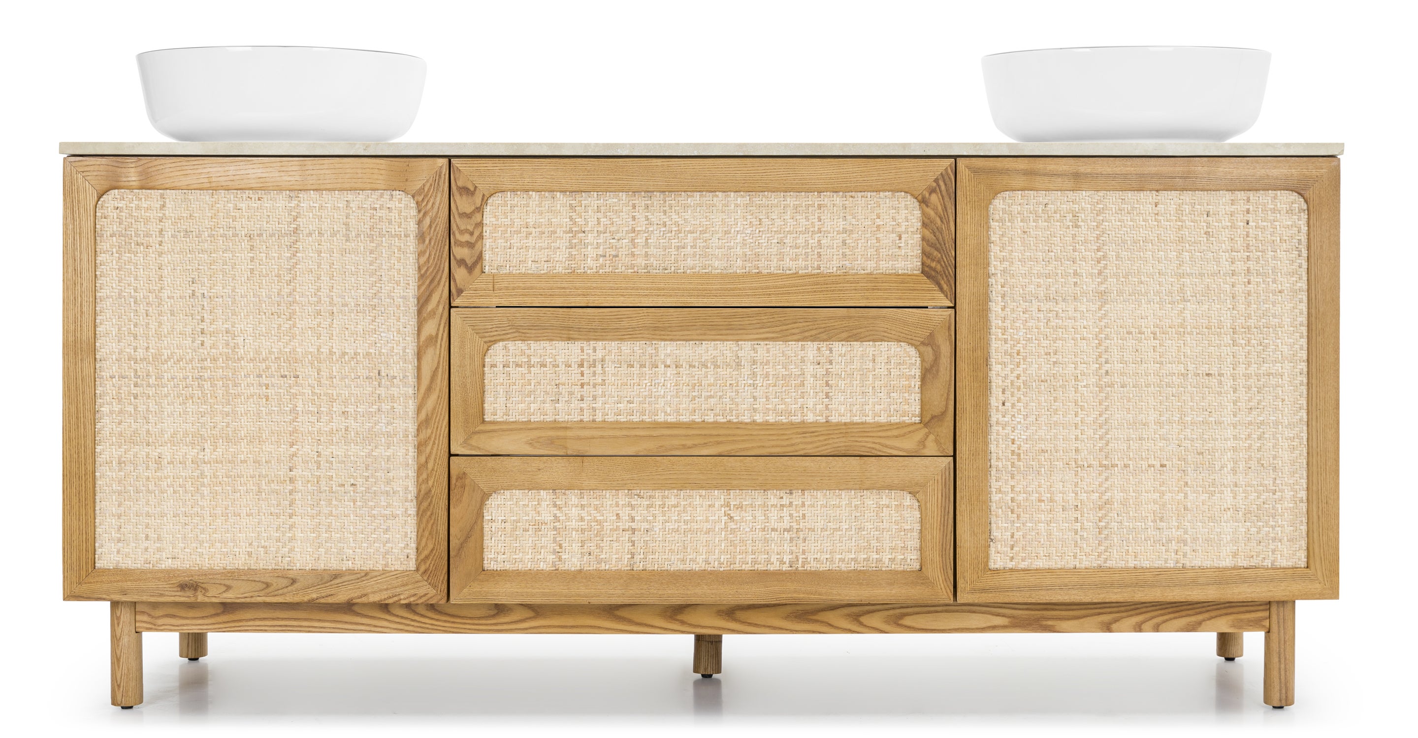 Waschebeckenunterschrank - Travertin, Rattan & Holz - NV GALLERY- ARANA