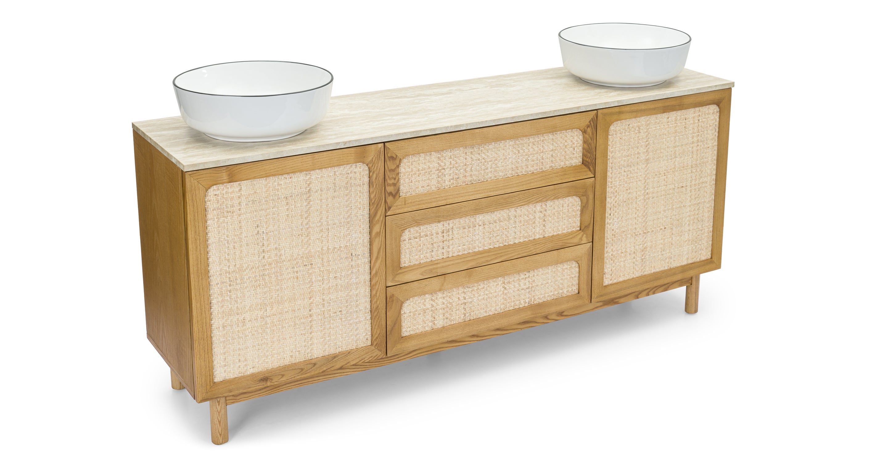 Waschebeckenunterschrank - Travertin, Rattan & Holz - NV GALLERY- ARANA